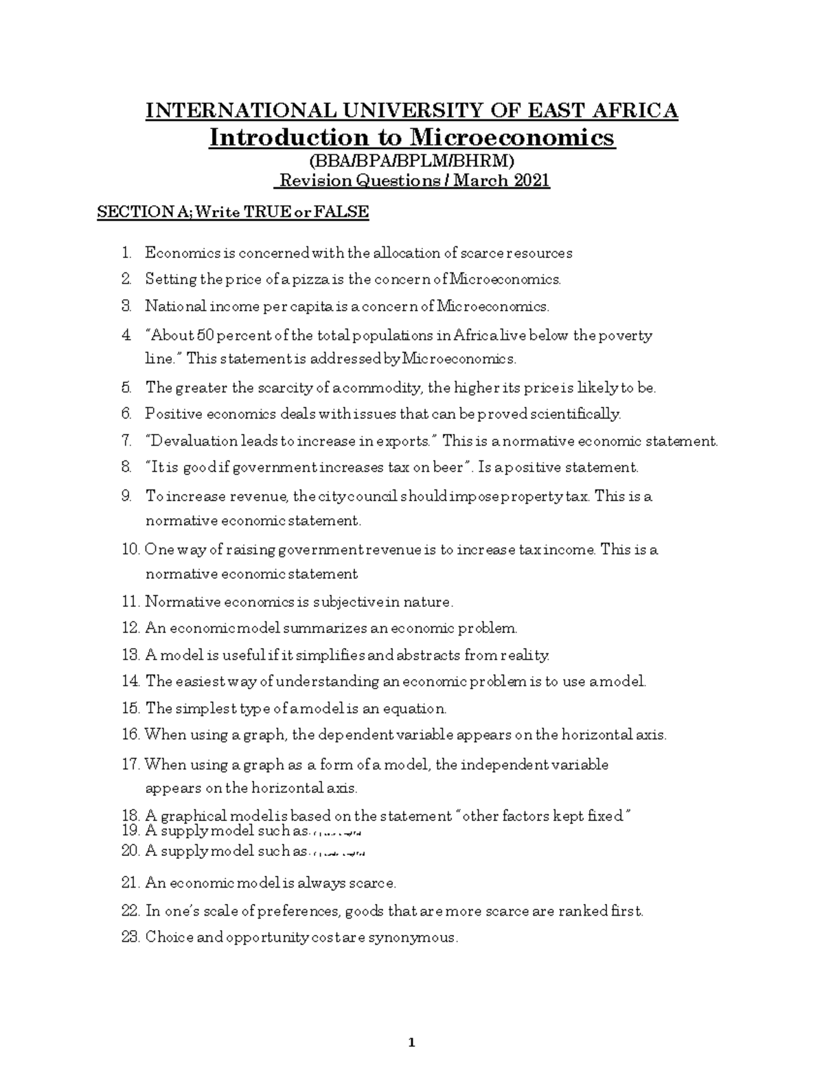 Week 1 Revision Questions Microeconomics True and false and structured ...