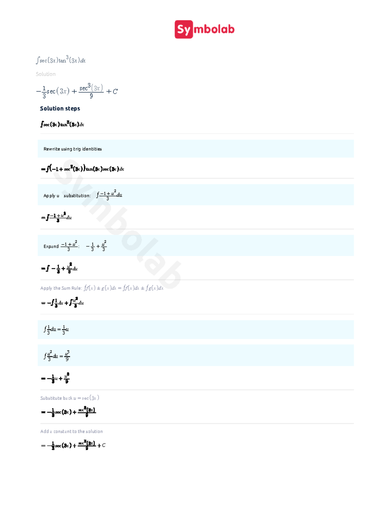 4B - by using apps - Solution − 3 1 sec 3 x + 9 sec 3 x + C ####### Solution steps ∫sec 3 x tan ...