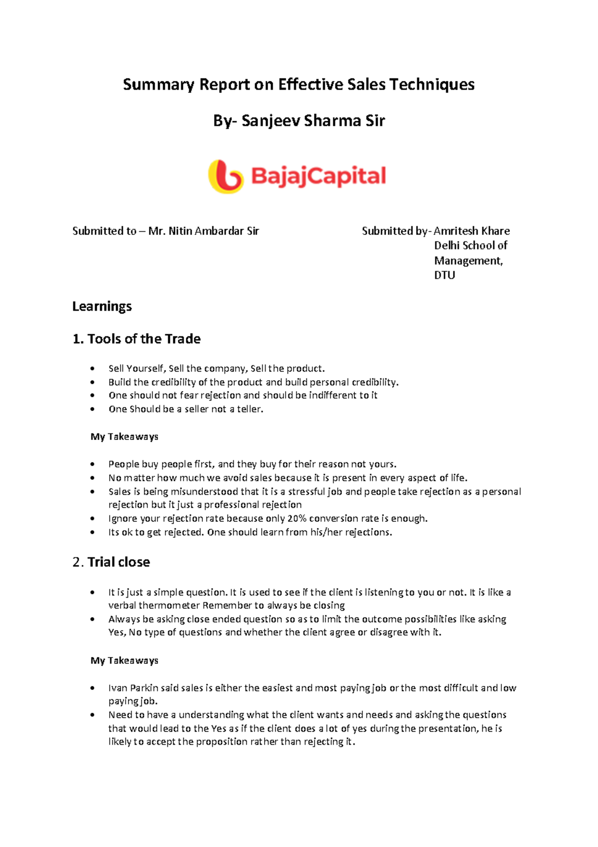 Summary Report Sales Techniques - Summary Report on Effective Sales ...