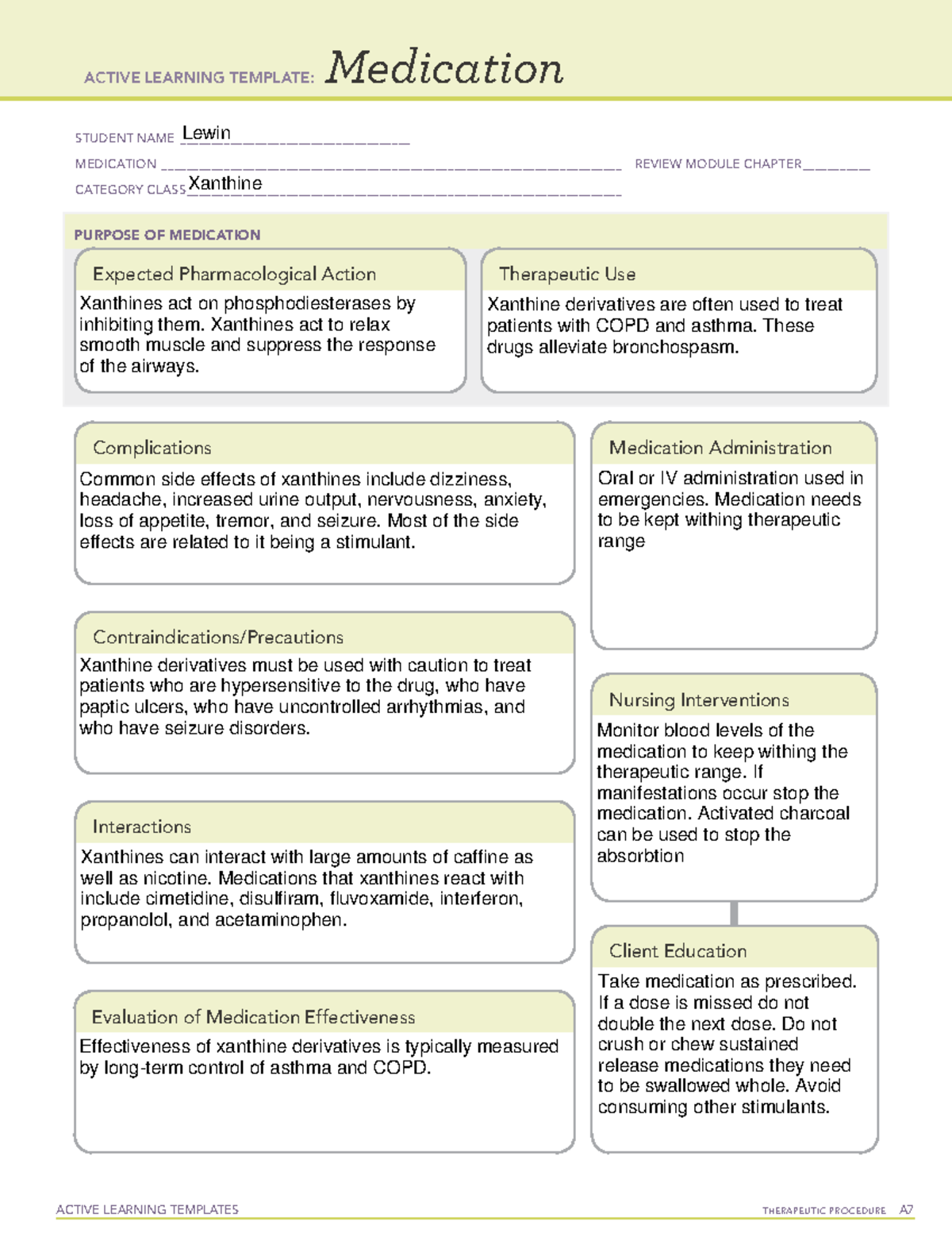 Med Card Xanthine - ACTIVE LEARNING TEMPLATES THERAPEUTIC PROCEDURE A ...