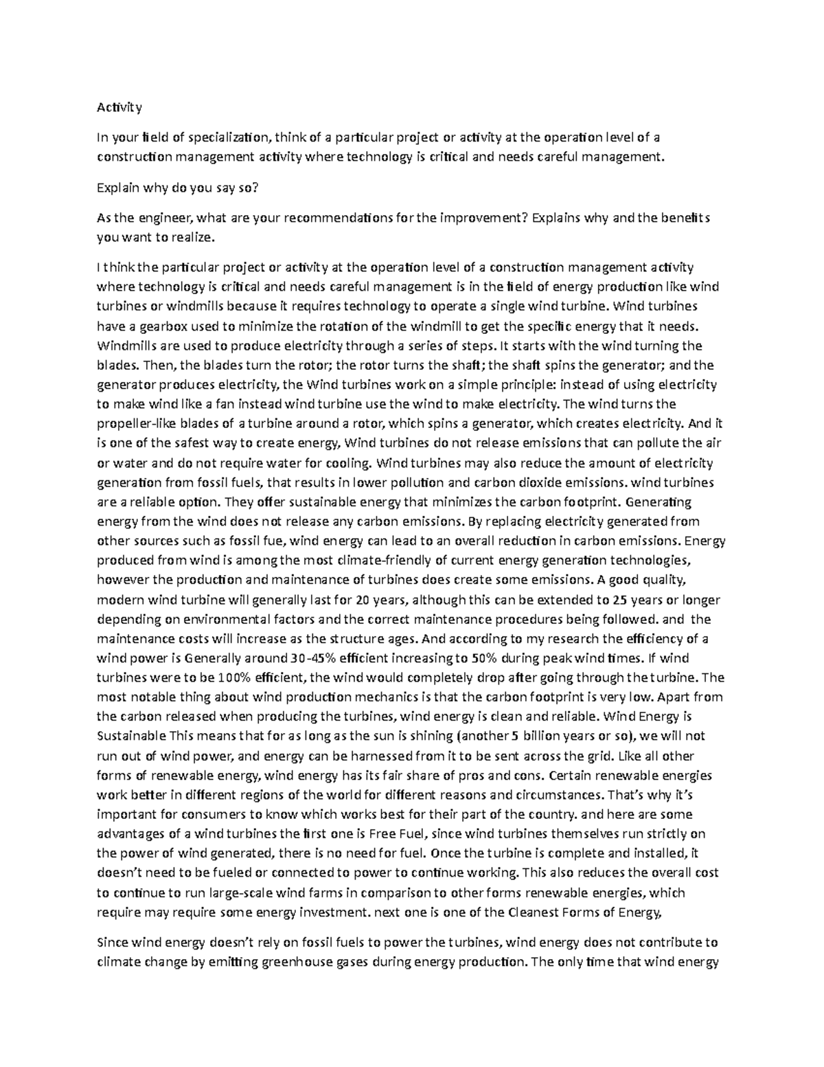 Essay management - Activity In your field of specialization, think of a ...