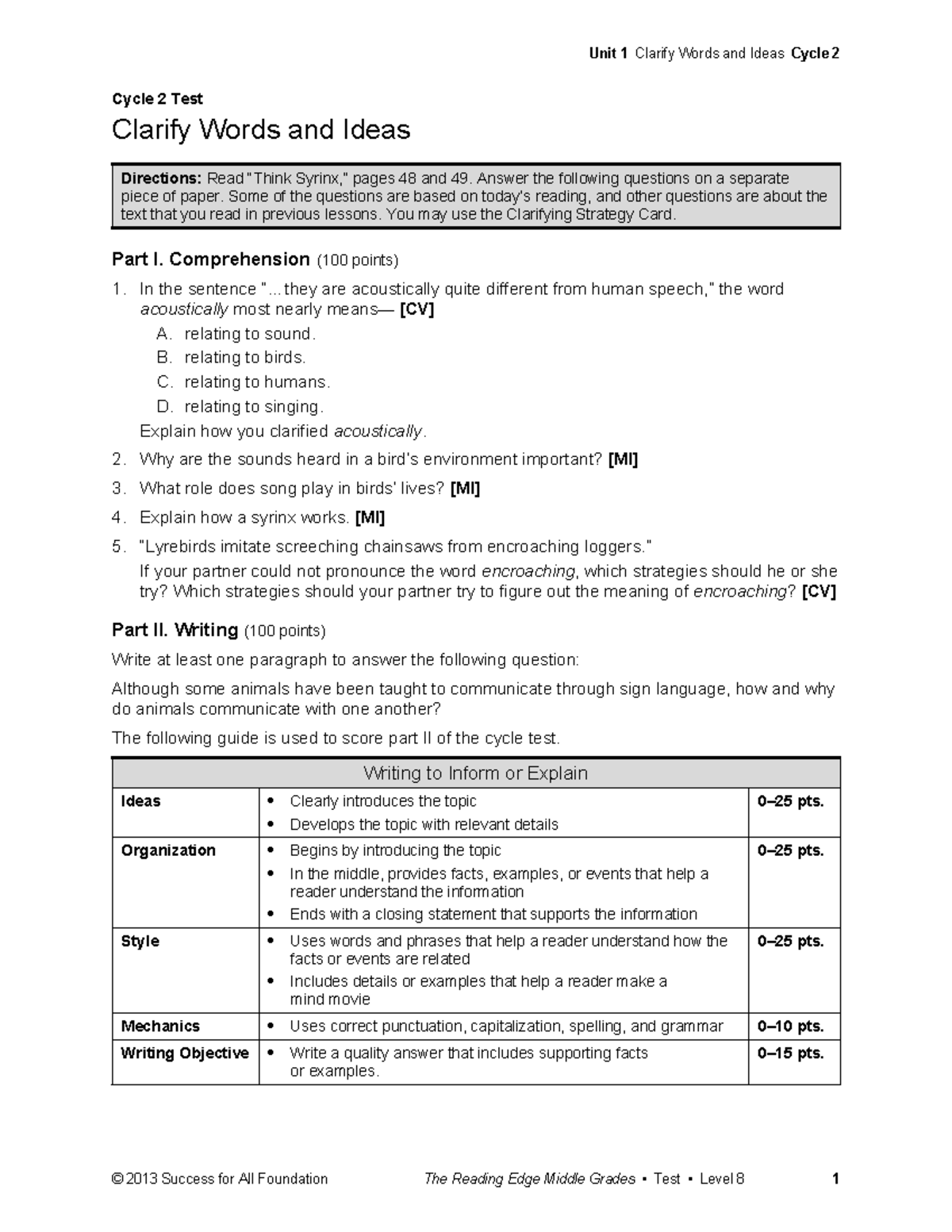 Sidney Young - Cycle 2 Test - Unit 1 Clarify Words and Ideas Cycle 2 ...