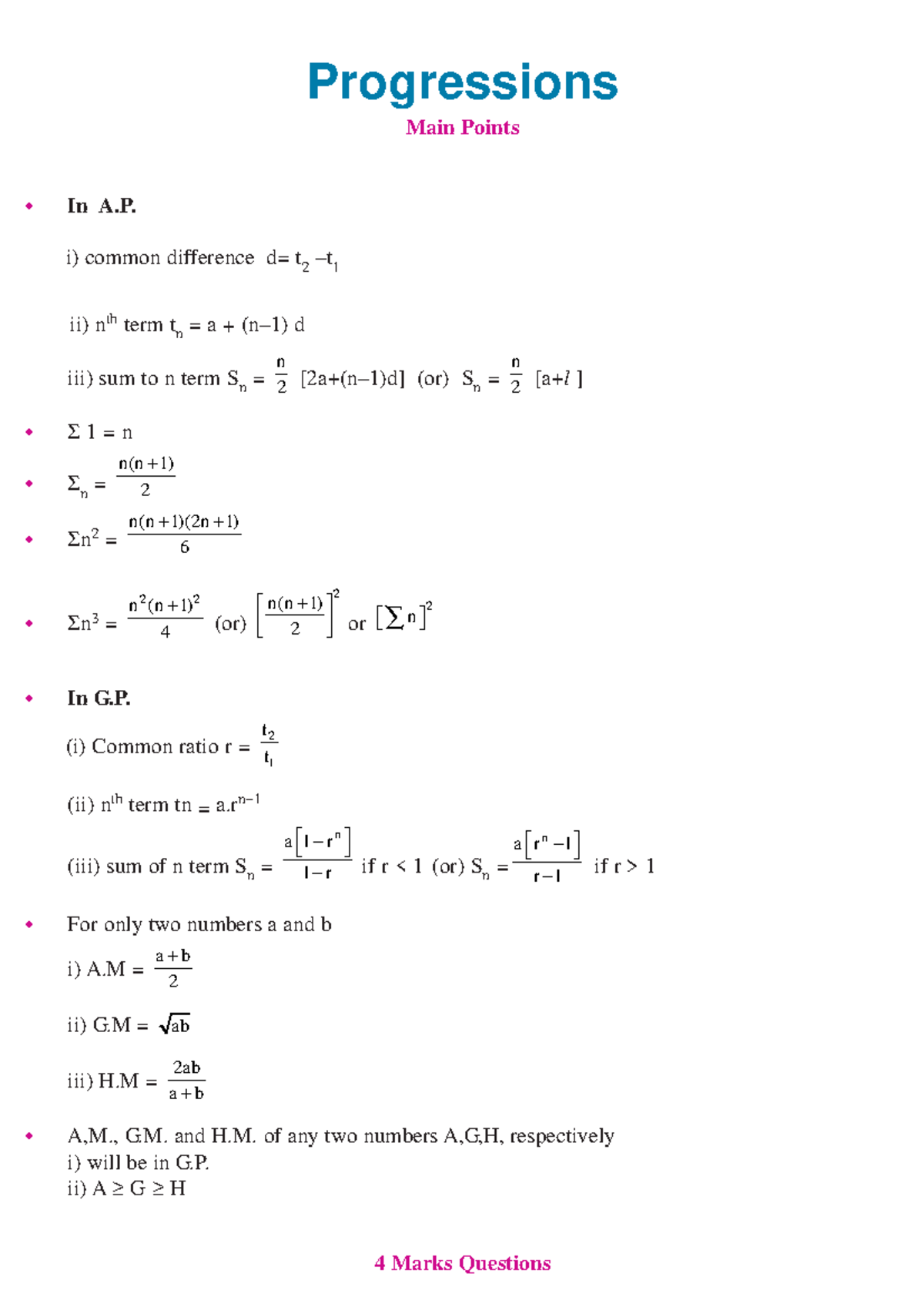 maths progressions - Progressions Main Points In A. i) common ...