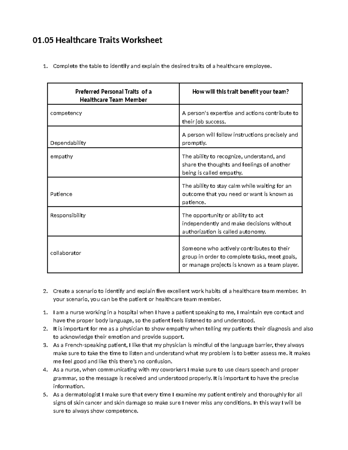 Best better then the rest copy - 01 Healthcare Traits Worksheet 1 ...