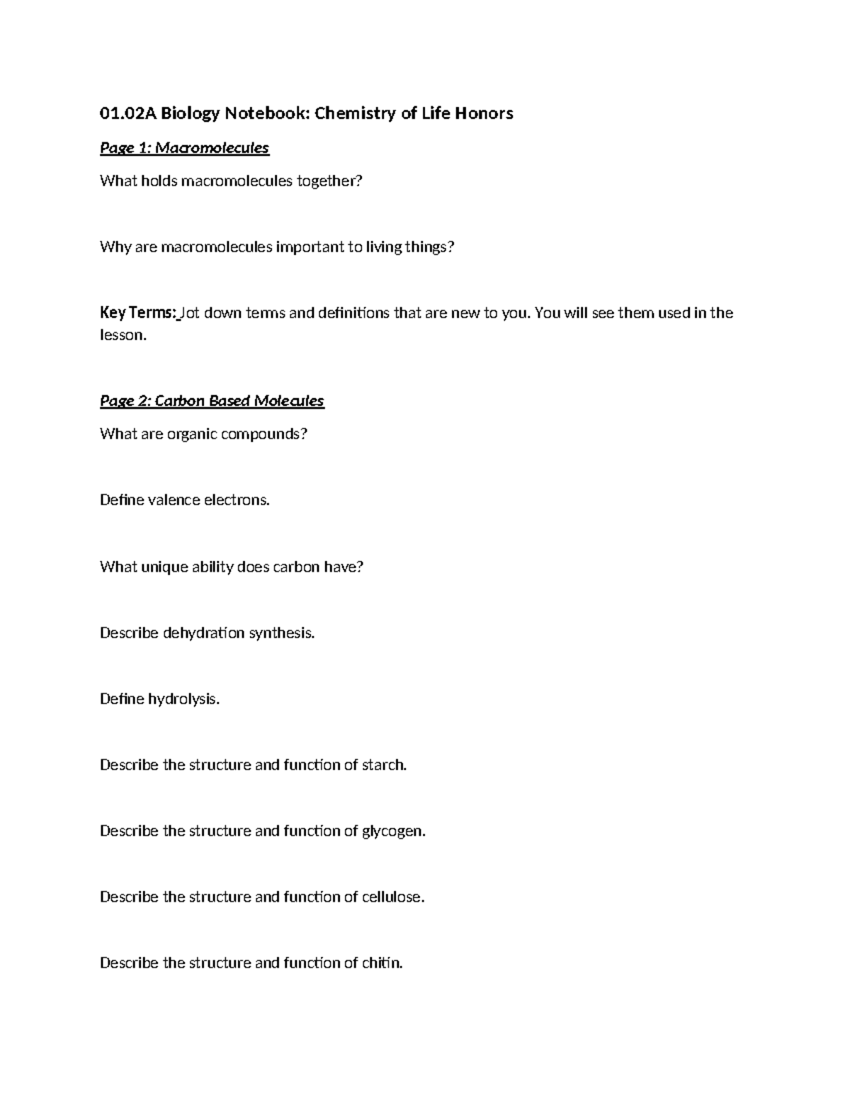 01 02a chemistry of life honors - 01 Biology Notebook: Chemistry of ...