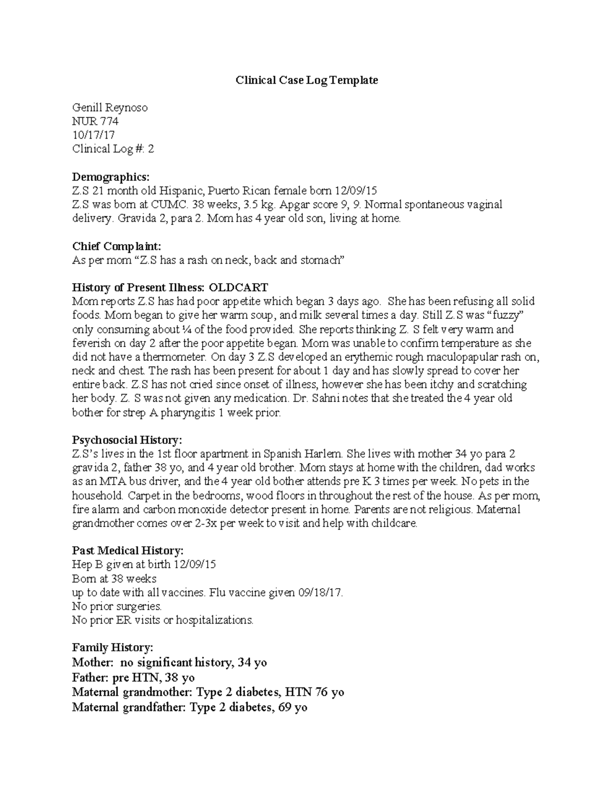 NUR 774 Clinical Case Log #2 - Clinical Case Log Template Genill ...