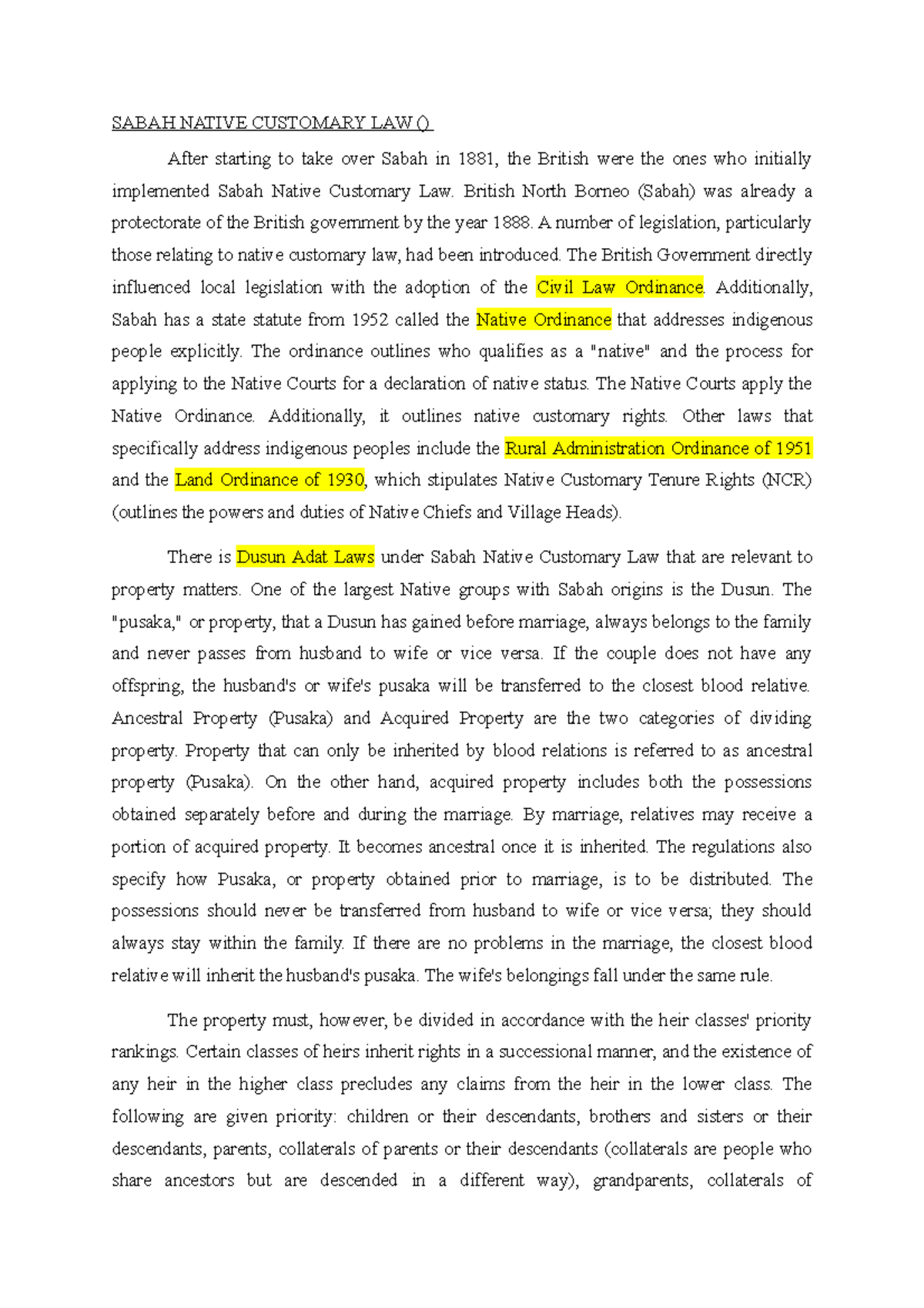 Sabah Native Customary LAW (new) - SABAH NATIVE CUSTOMARY LAW () After ...