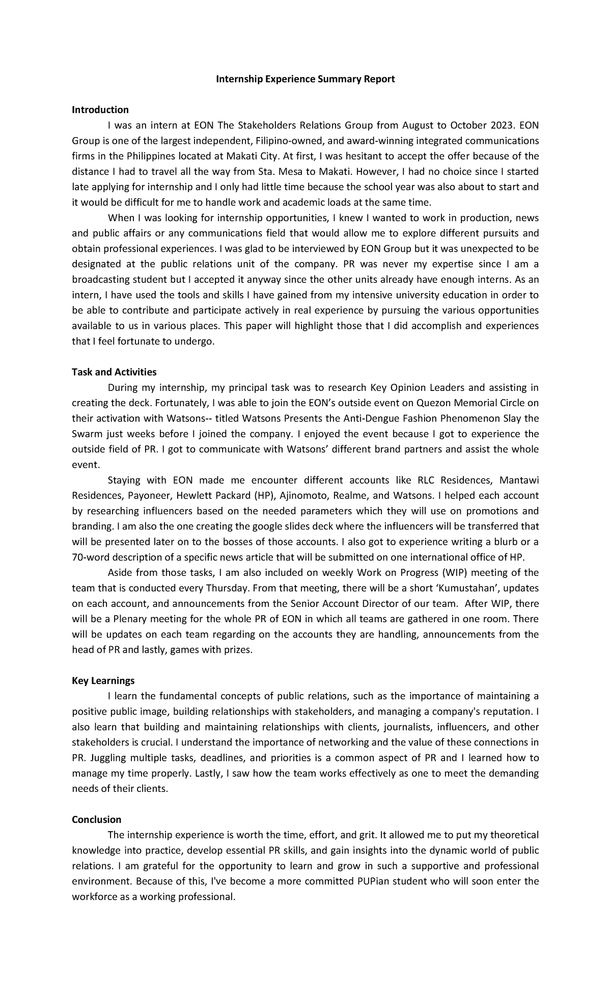 11. Narrative-report - non - Internship Experience Summary Report ...
