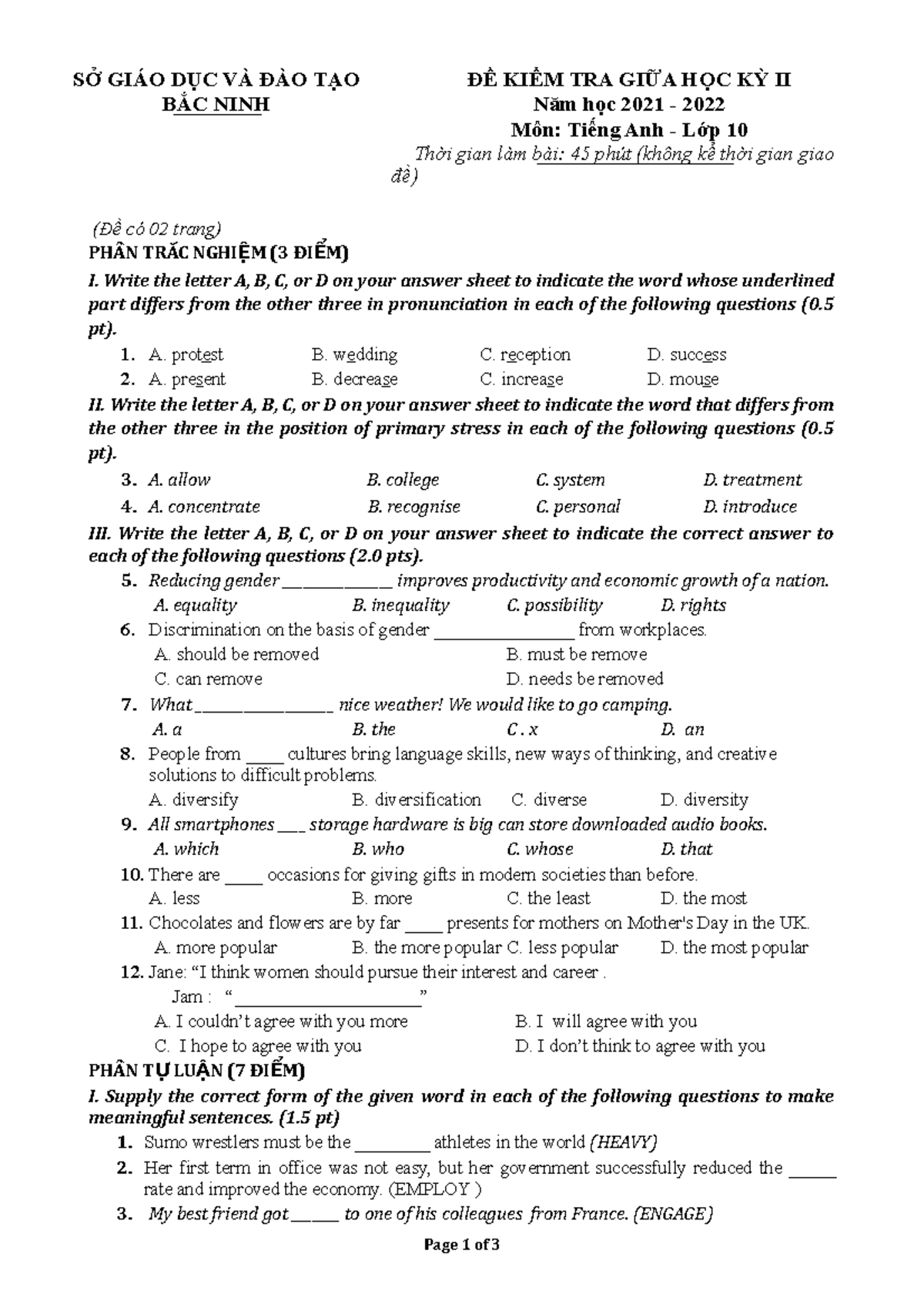 De thi giua hoc ky 2 mon tieng anh 10 nam 2021 2022 so gddt bac ninh - SỞ GIÁO DỤC VÀ ĐÀO TẠO ...