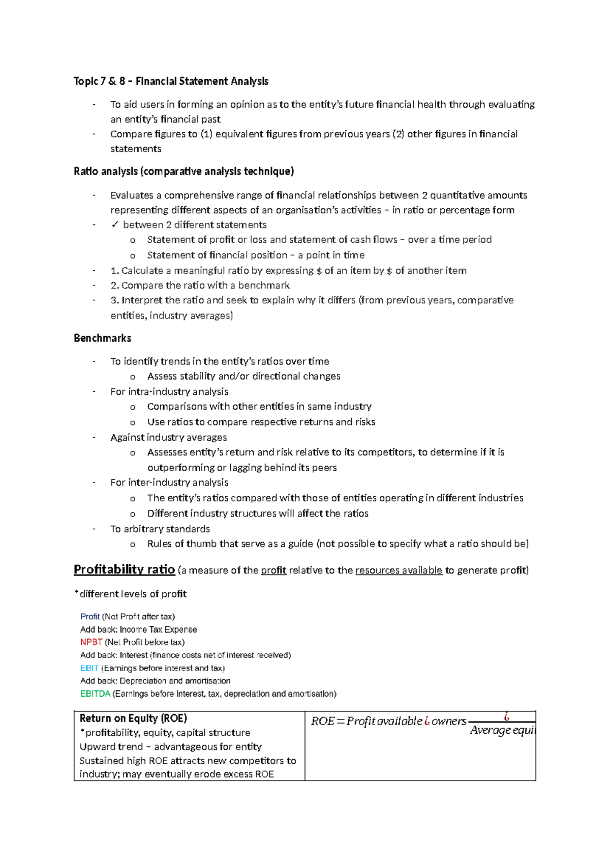 ACCT1101 Topics 7-8 - Topic 7 & 8 – Financial Statement Analysis - To ...