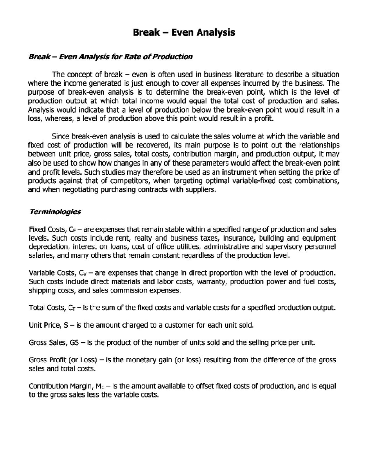 Break-EVEN- Analysis - Bachelor of Science in Electrical Engineering - Studocu