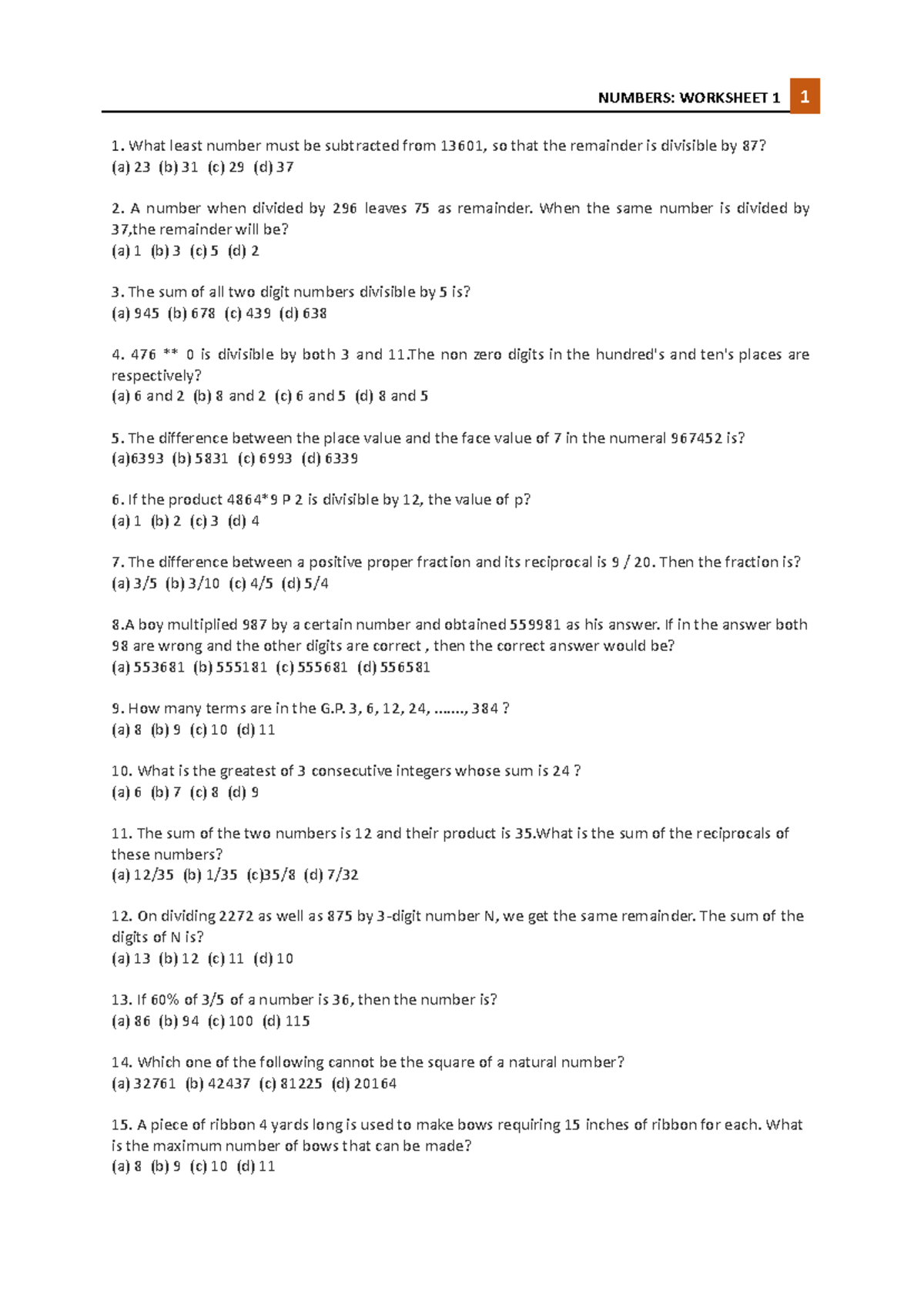 Numbers - practice it - NUMBERS: WORKSHEET 1 1 1. What least number must be subtracted from ...