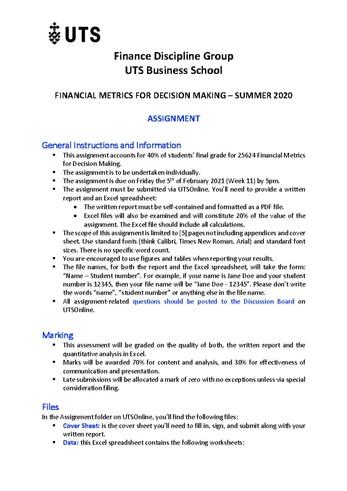 Summer 2020 assignment outline - Finance Discipline Group UTS Business ...