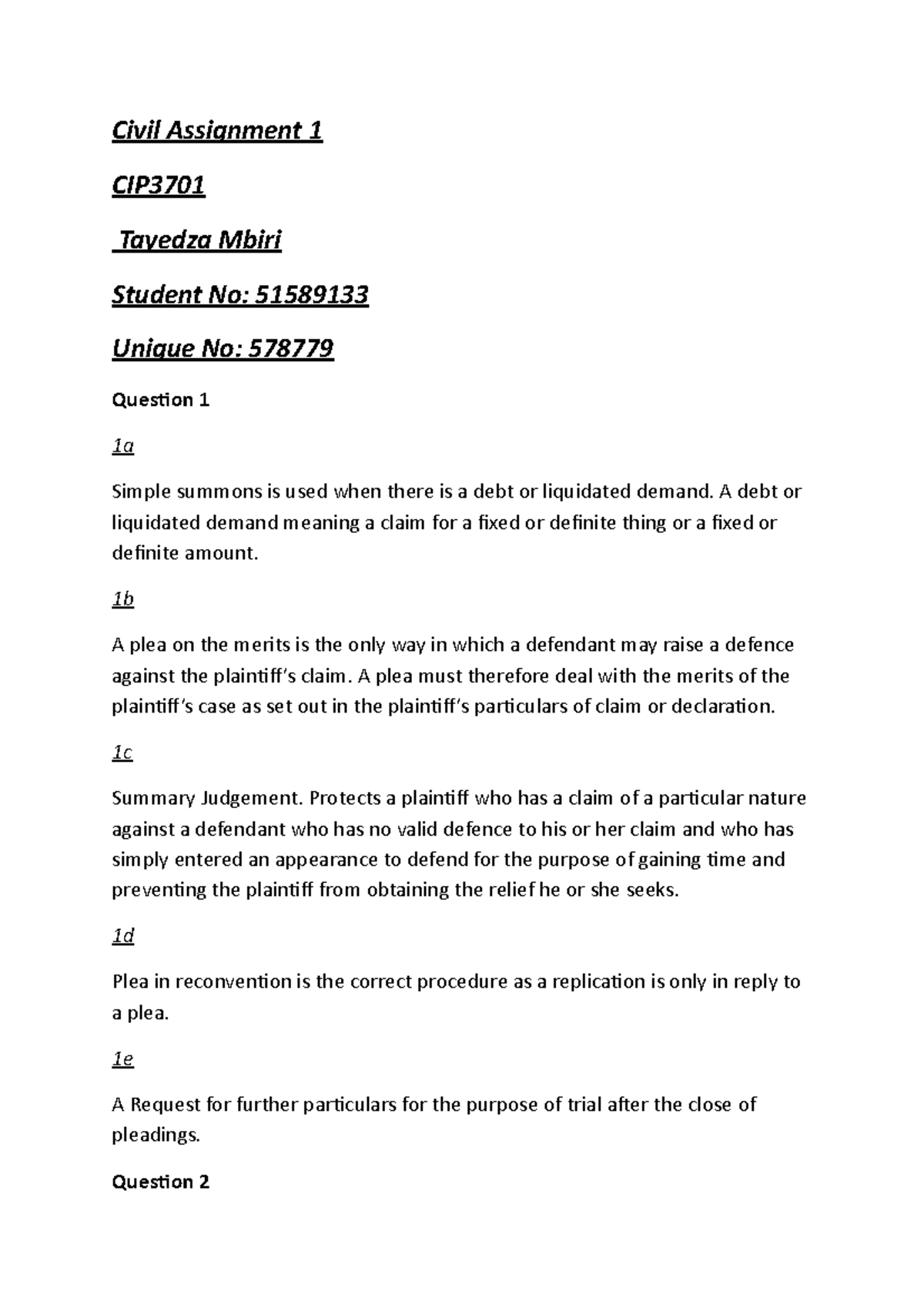 Civil procedure final Assignment 1 2015 - Civil Assignment 1 CIP ...