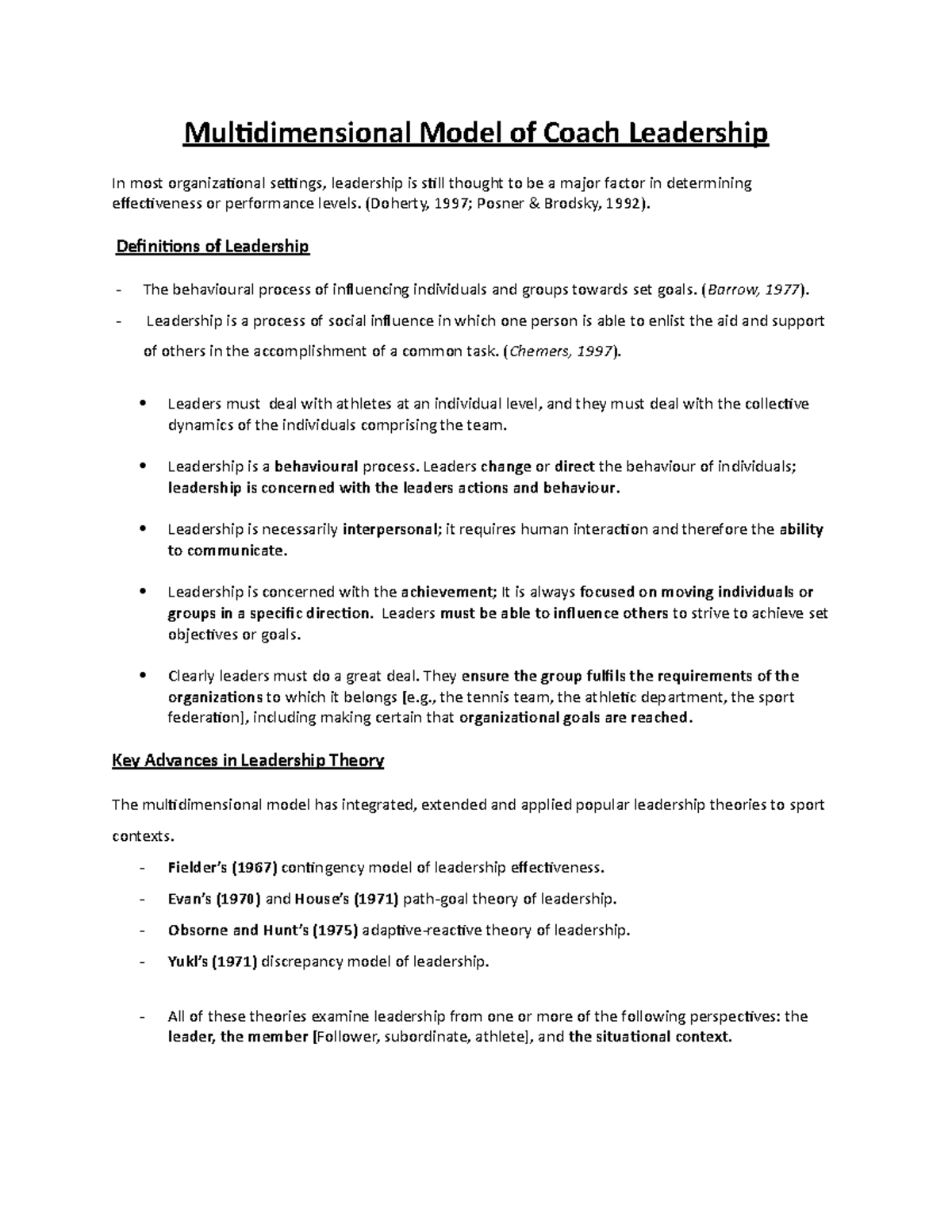 Multidimensional Model of Coach Leadership - (Doherty, 1997; Posner ...