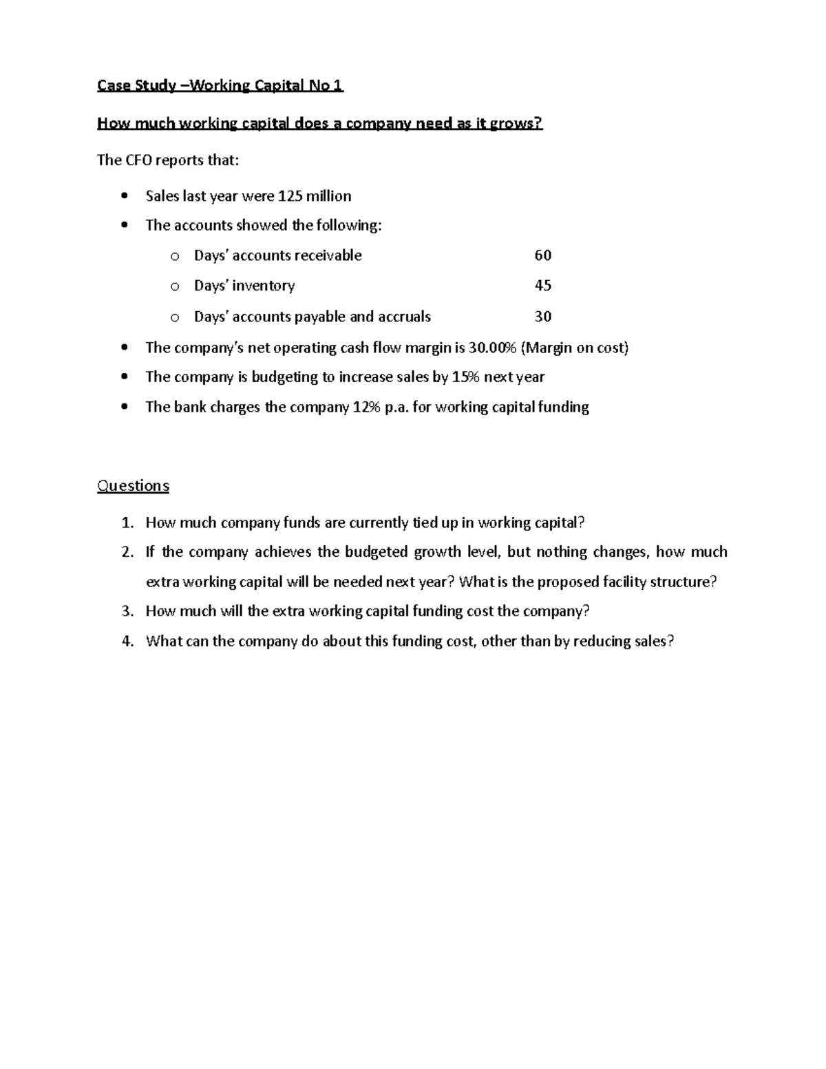 CASE Study-Working Capital - Case Study –Working Capital No 1 How much ...