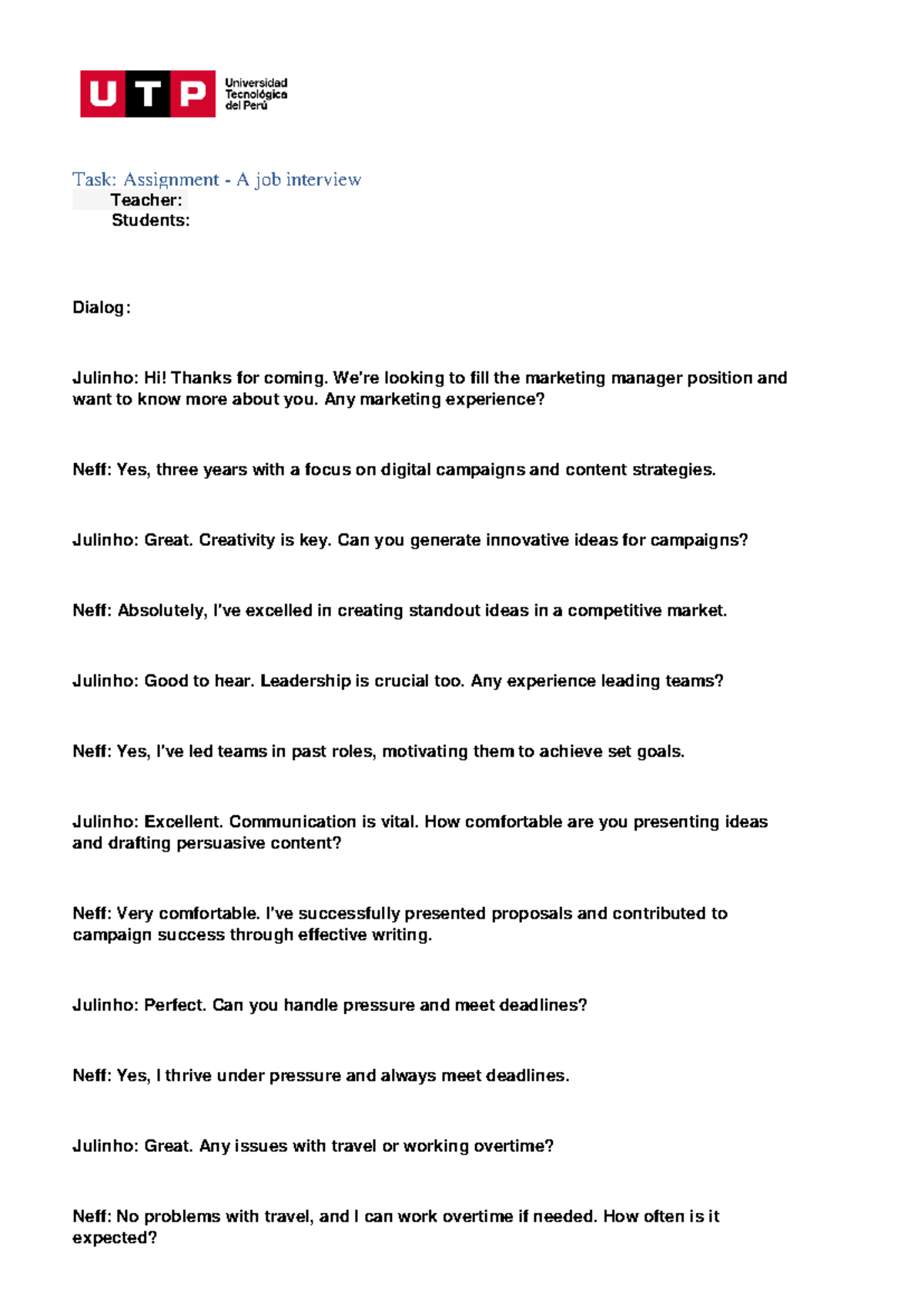 Task Assignment - A job interview - Task: Assignment - A job interview ...