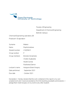 Prac 2 chem eng lab2 - Practical report for Edibon fluid flow - Faculty ...