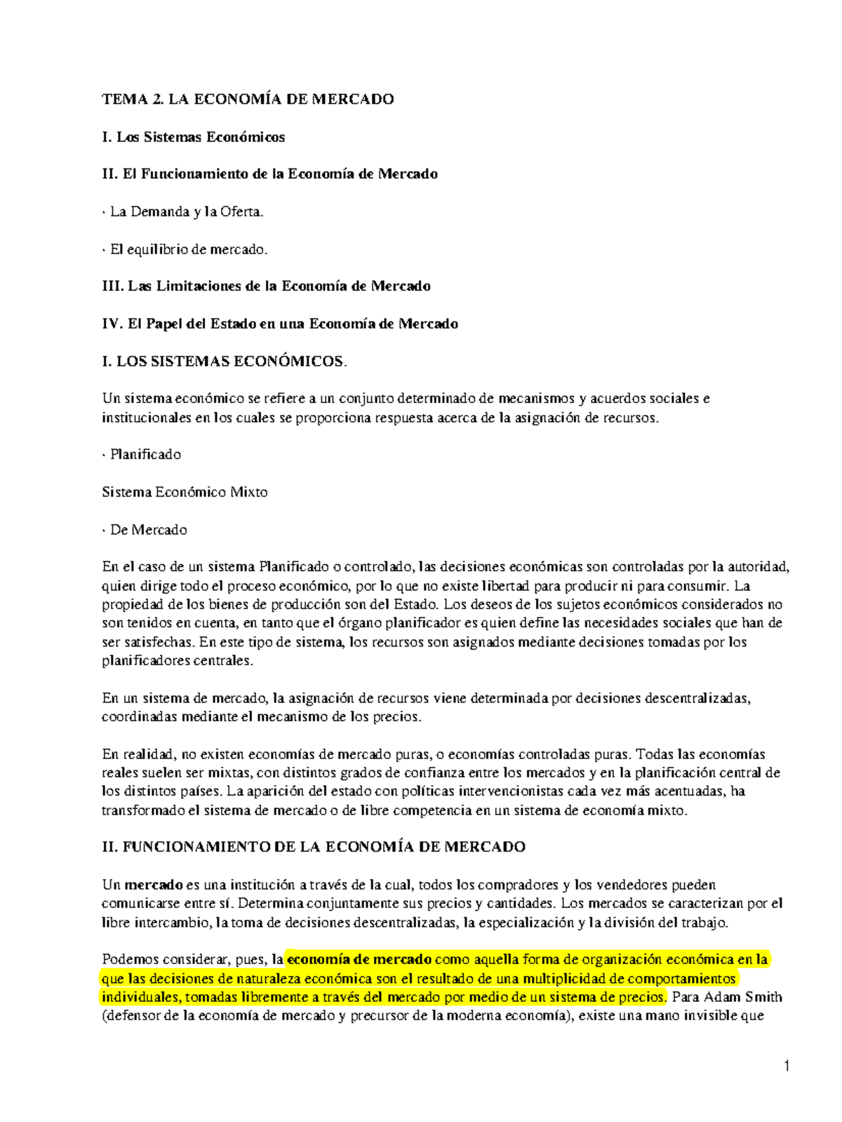 Economia-de-mercado - xcghjkl - TEMA 2. LA ECONOMÍA DE MERCADO I. Los ...