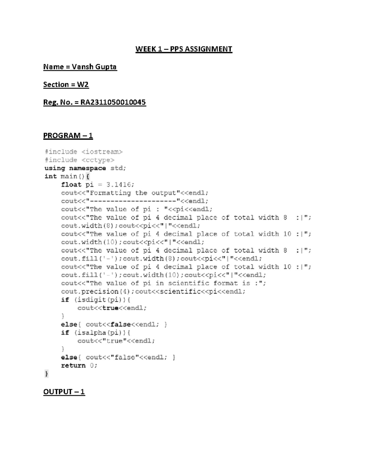 Week 1 Assignment Oo Development Program Week 1 Name Vansh Gupta Section W Reg No Ra