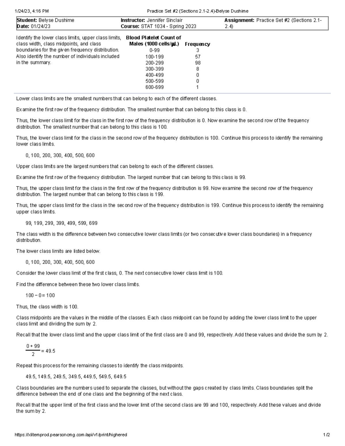 Practice Set #2 (Sections 2.1-2.4)-Belyse Dushime - STAT1031 - UC - Studocu
