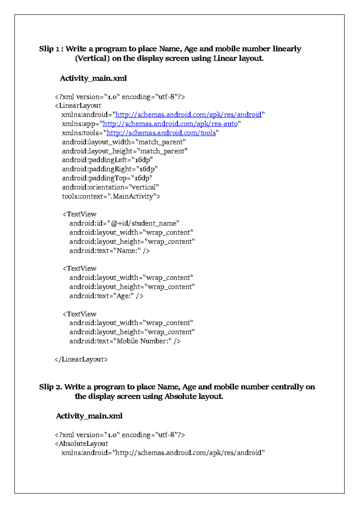 Snehal mad practical msbte - Slip 1 : Write a program to place Name, Age and mobile number ...