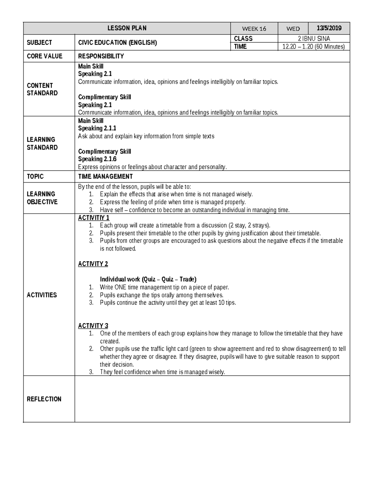 3.1 Responsibility - Lesson PLAN - LESSON PLAN WEEK 16 WED 1 3/5 ...