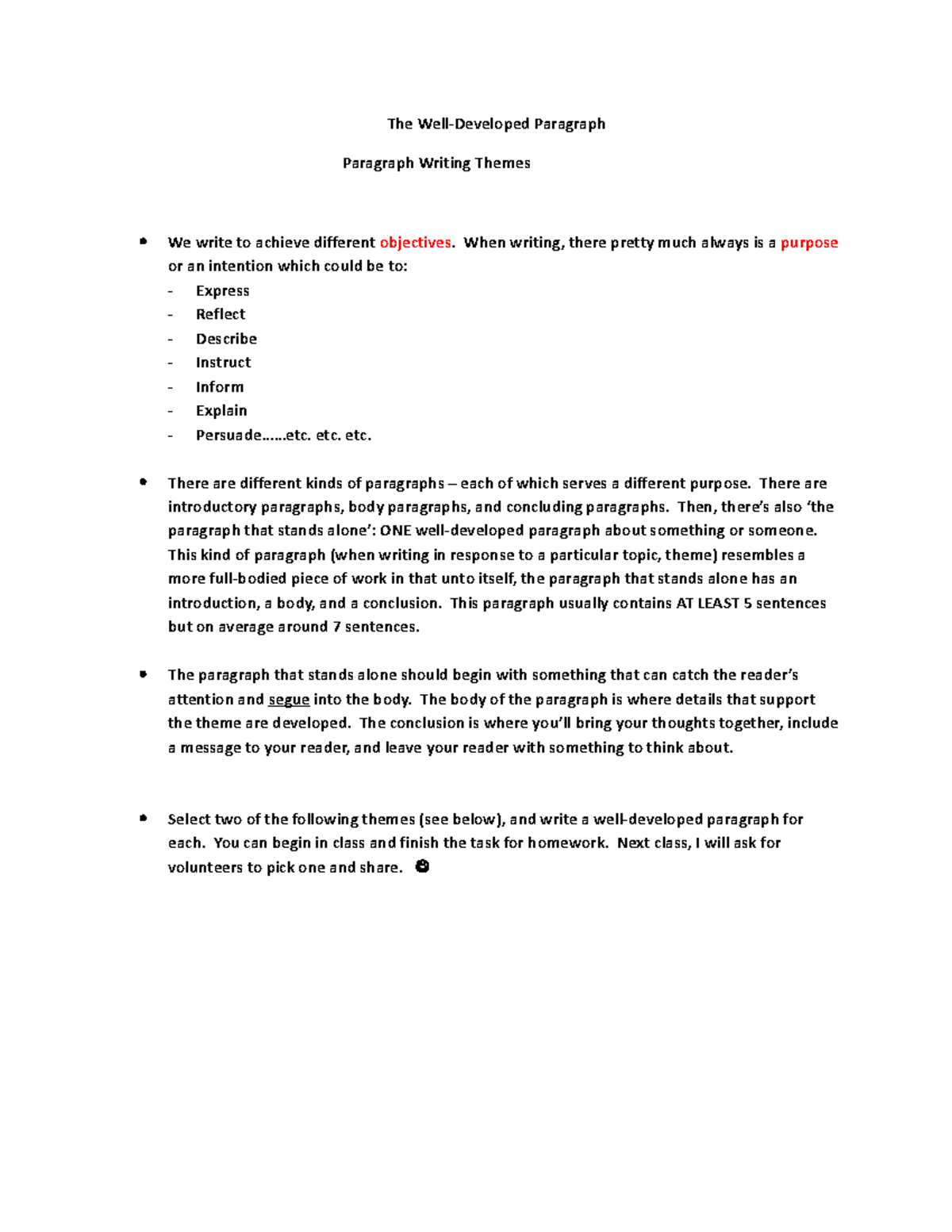 305 - Paragraph Writing Themes - The Well-Developed Paragraph Paragraph ...