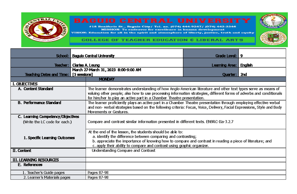 Compare and Contrast Lesson Plan - School: Baguio Central University ...