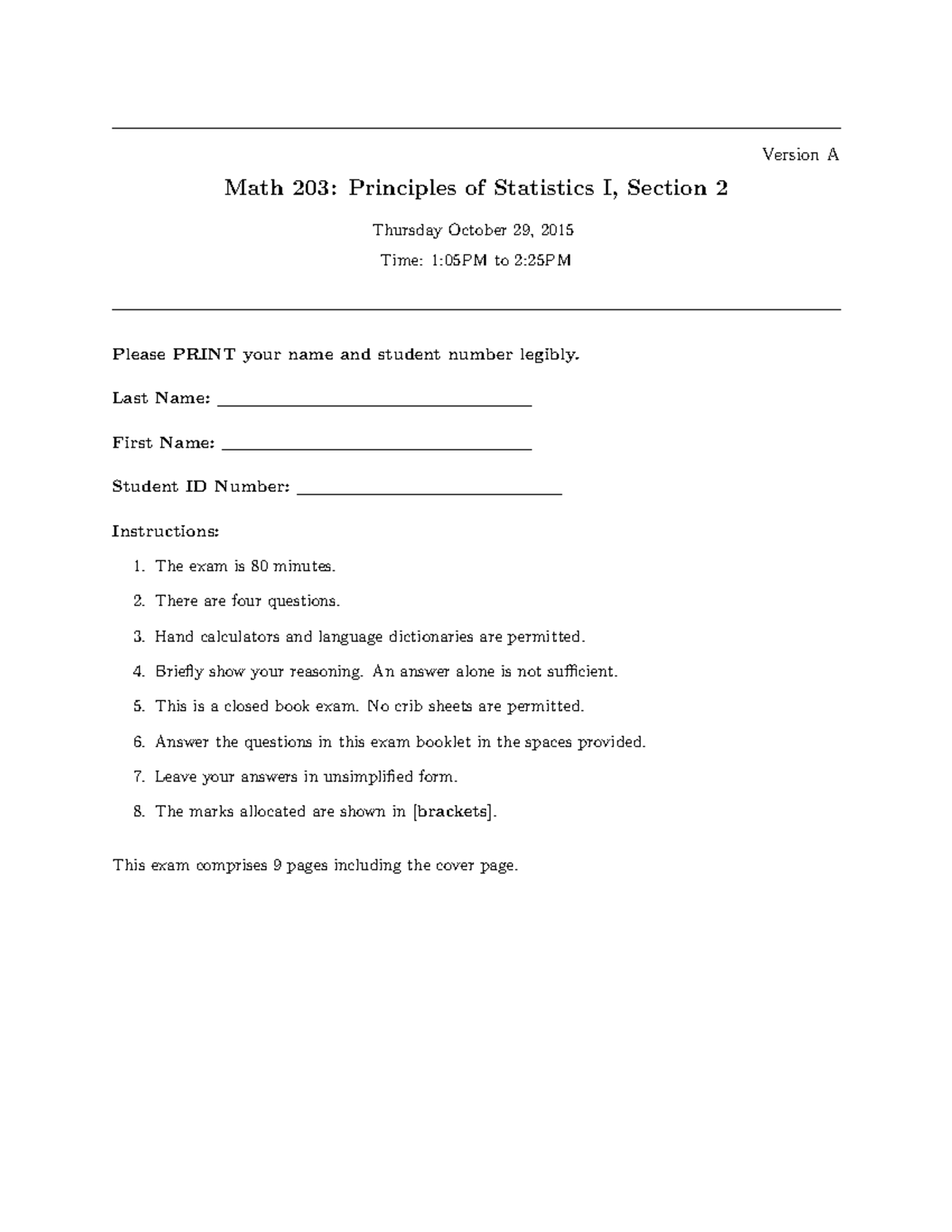 Midterm Exam A Fall 2014, questions - Version A Math 203: Principles of ...