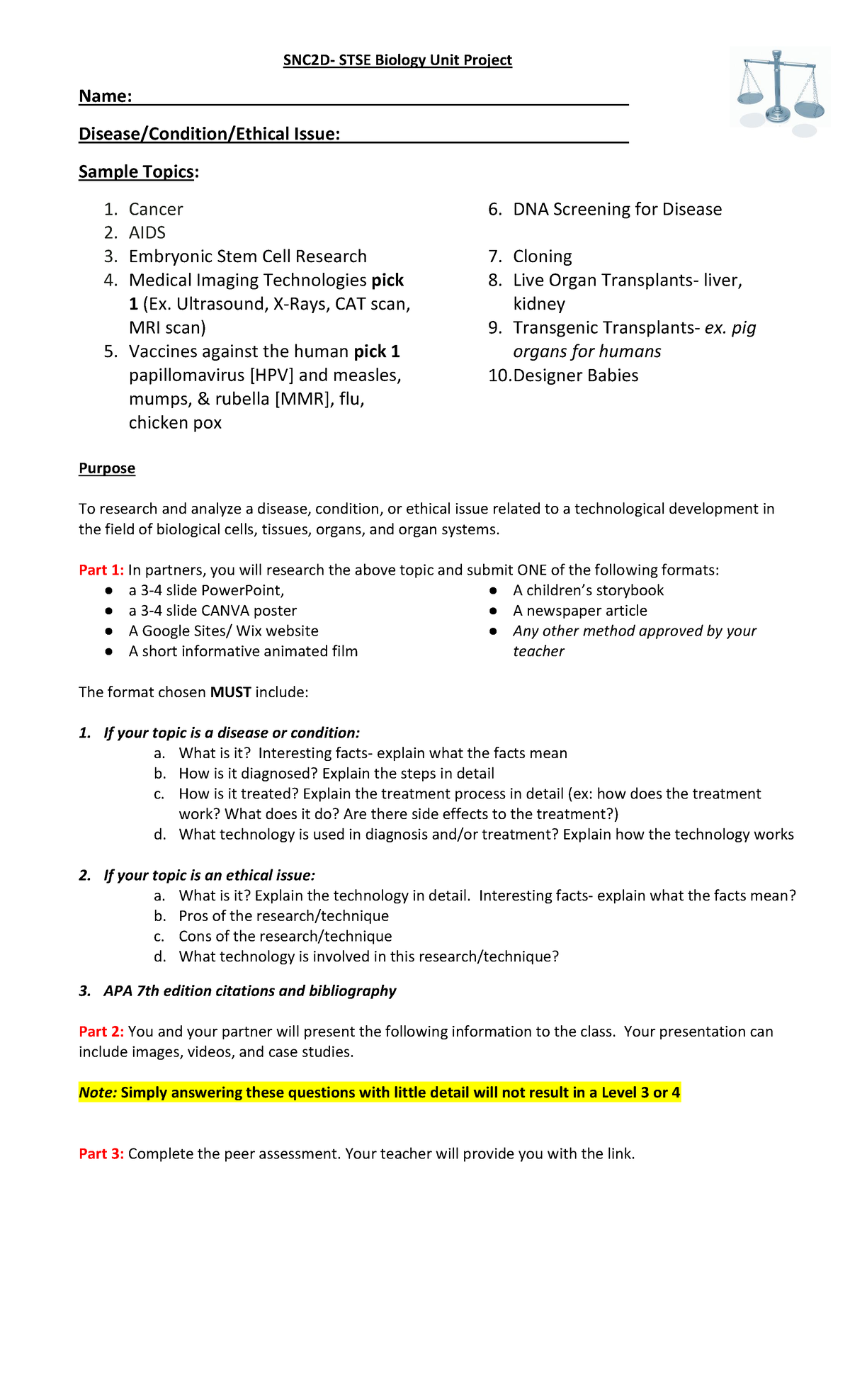 STSE Biology Unit Project - SNC2D- STSE Biology Unit Project Name ...