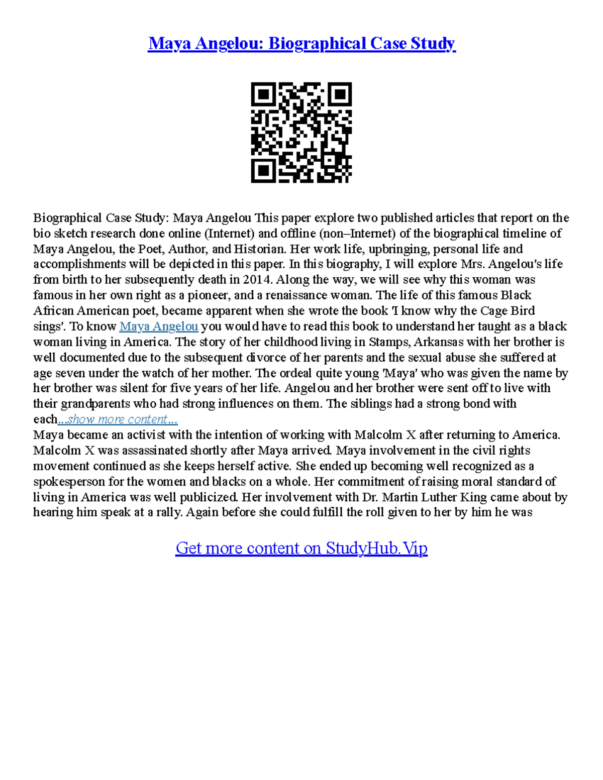 Essays By Maya Angelou - Maya Angelou: Biographical Case Study ...