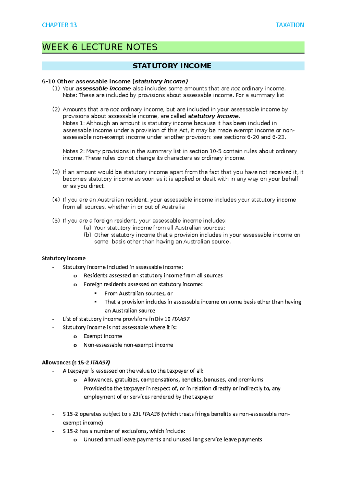 Week 6 - Notes - WEEK 6 LECTURE NOTES STATUTORY INCOME 6-10 Other ...