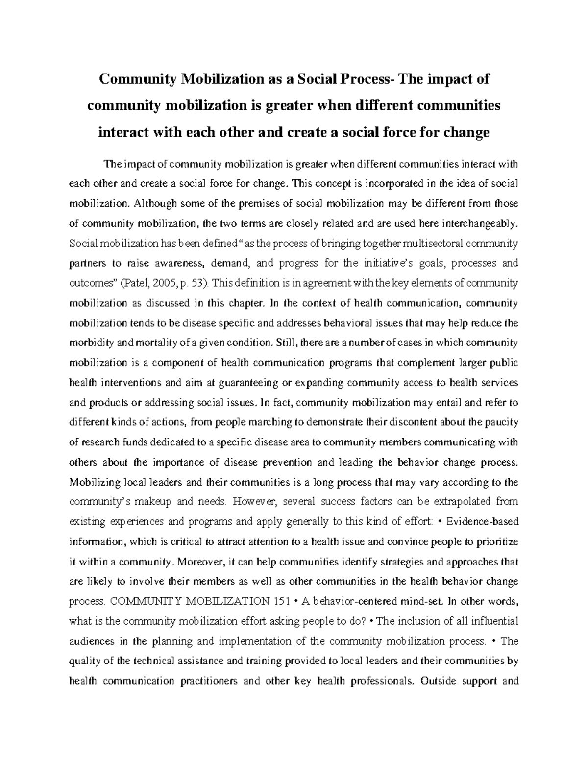 Community Mobilization as a Social Process- The impact of community ...