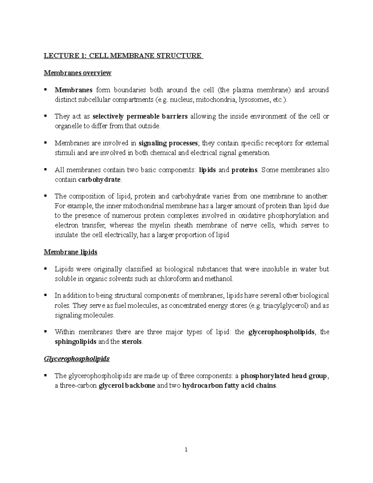 Lecture 1 CELL Membrane Structure - LECTURE 1: CELL MEMBRANE STRUCTURE Membranes overview - Studocu