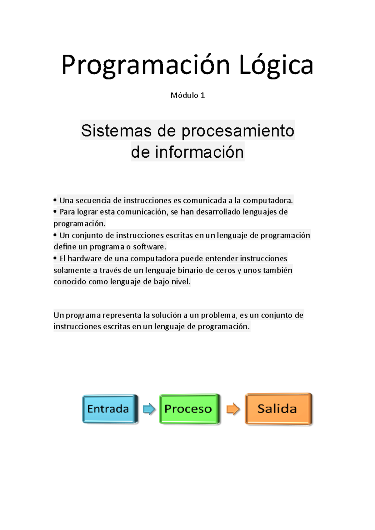 Programación Lógica Resumen, mod 1 - Programación Lógica Módulo 1 Sistemas de procesamiento de ...