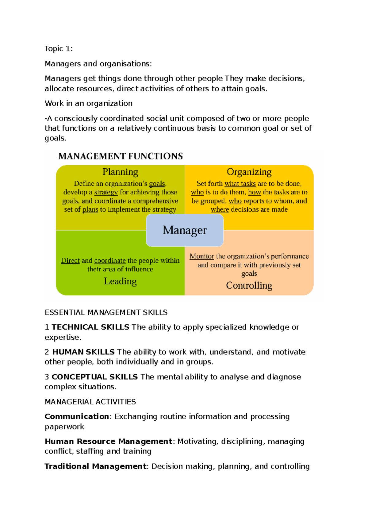Topic 1 - my own notes - Topic 1: Managers and organisations: Managers ...