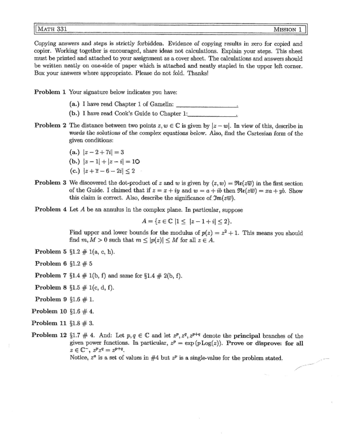 Seminar assignments Mission 1 solutions - MATH 331 Copying answers and ...