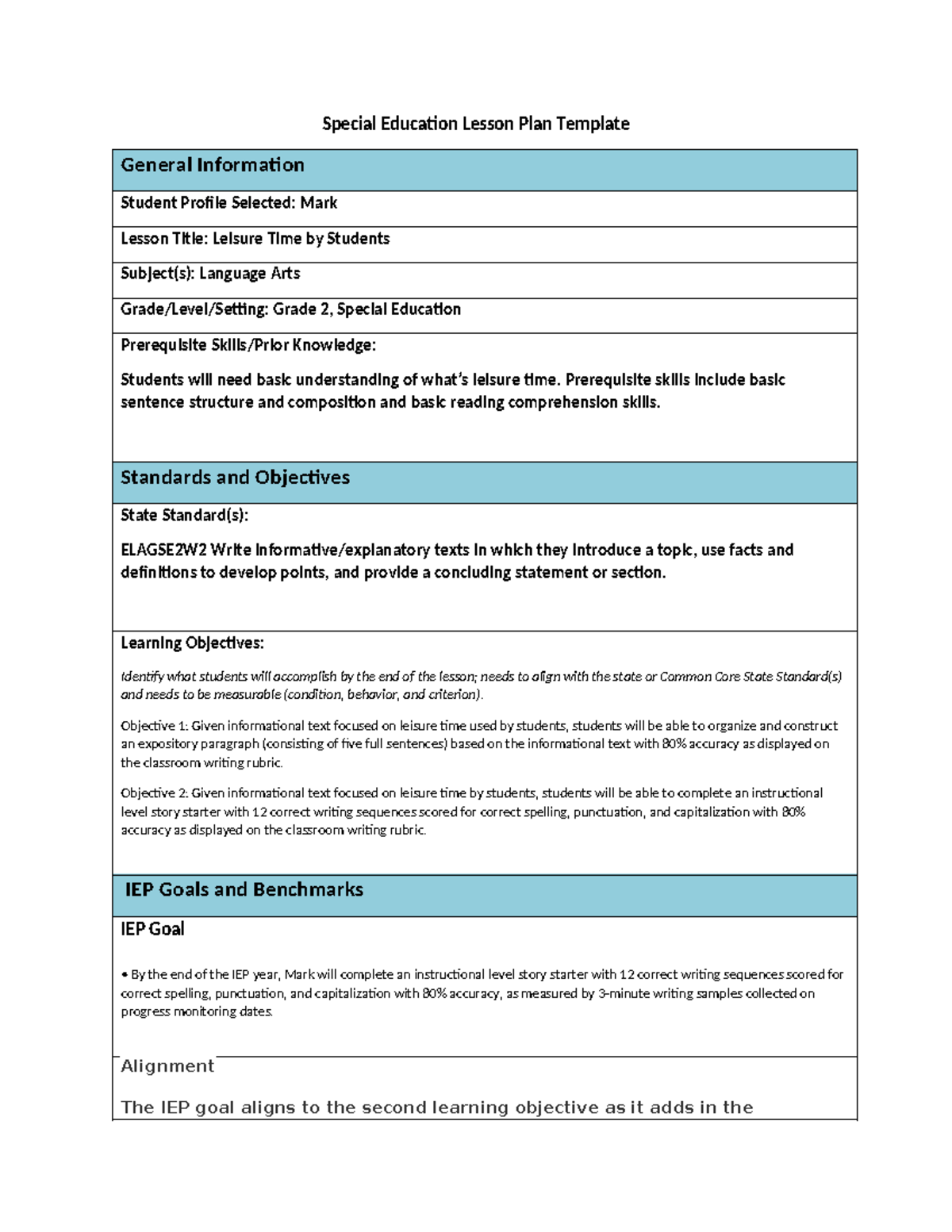 WGU Special Education Lesson Plan 3 - Special Education Lesson Plan ...