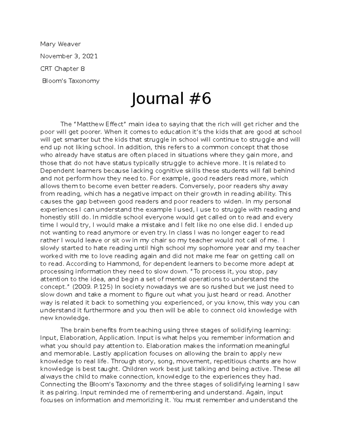 Journal #6 - Mary Weaver November 3, 2021 CRT Chapter 8 Bloom's ...
