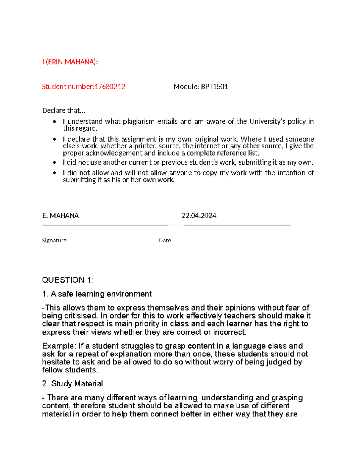 Bpt ass - Professional Teacher in a classroom or extra mural activity - I (ERIN MAHANA): Student ...