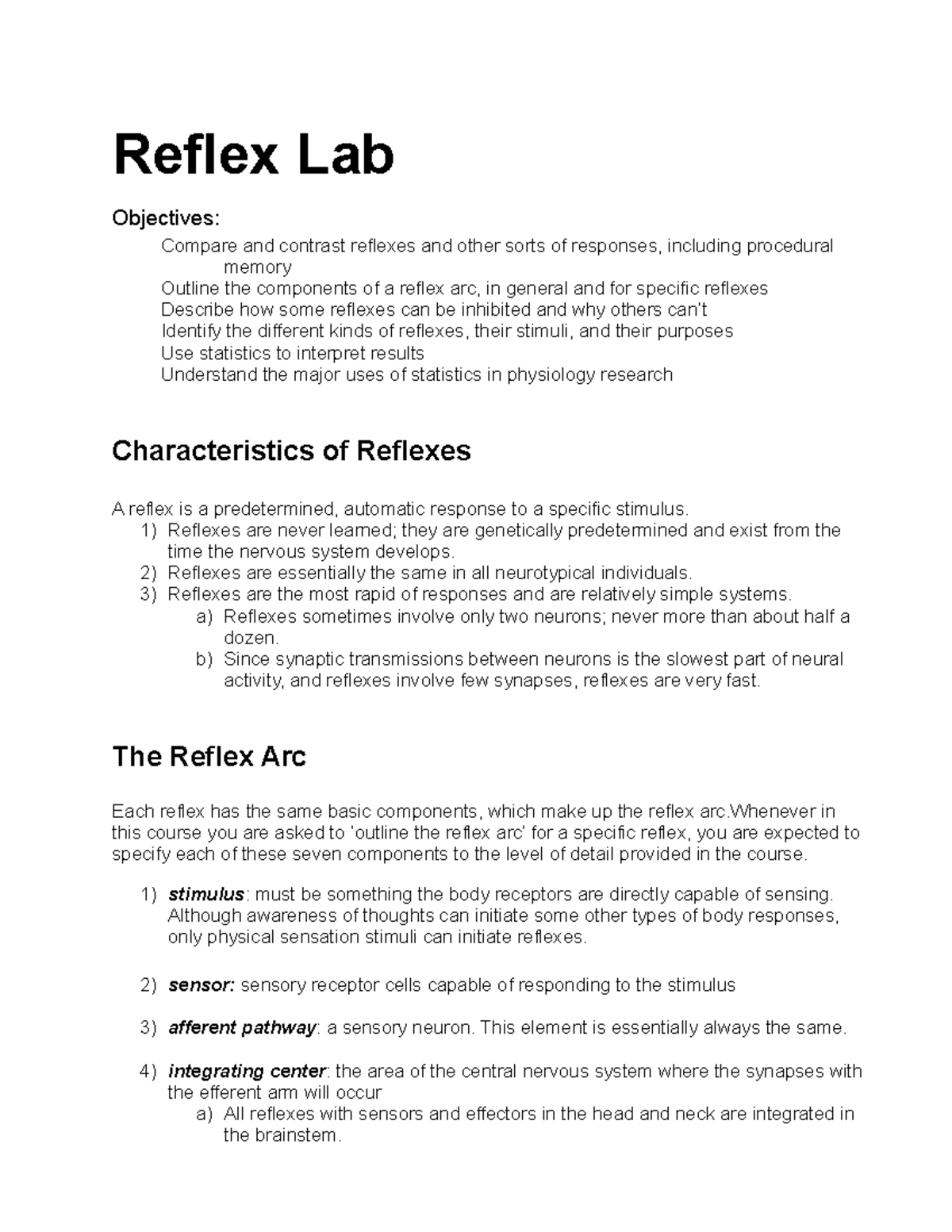 Reflexes Lab - Lab - Reflex Lab Objectives: Compare and contrast ...