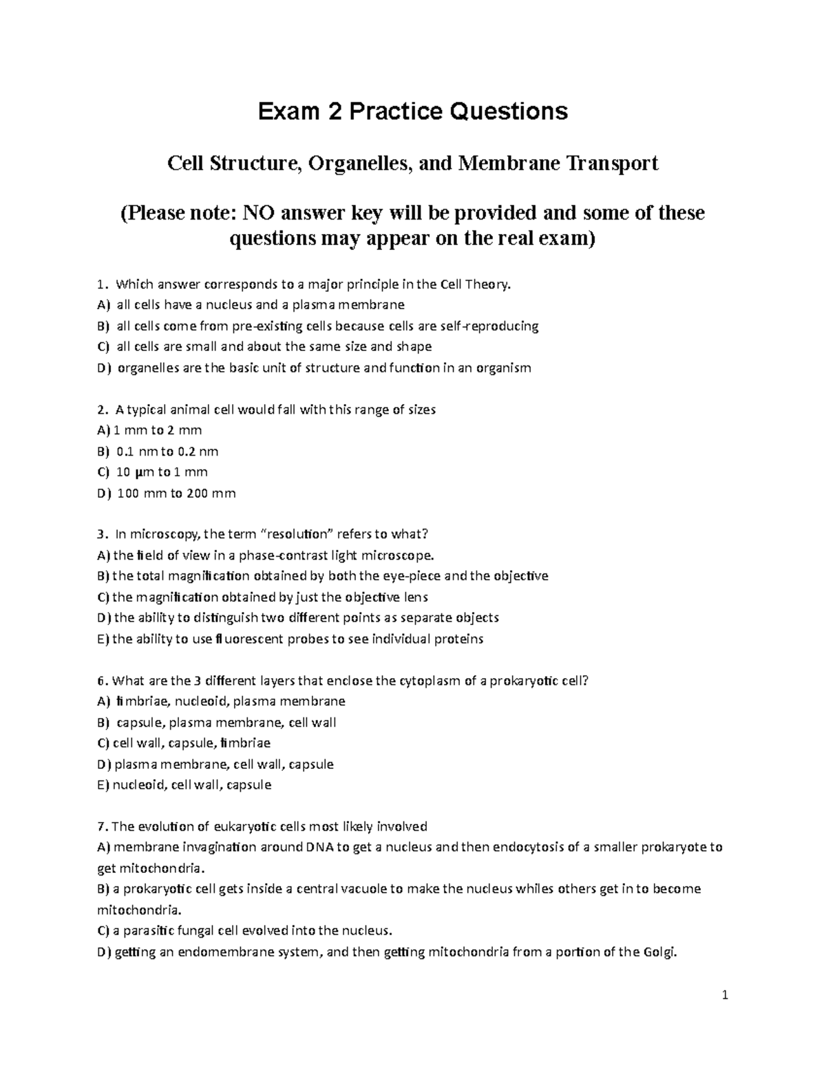 Bio 111 F20 Practice Exam 2 - Exam 2 Practice Questions Cell Structure ...