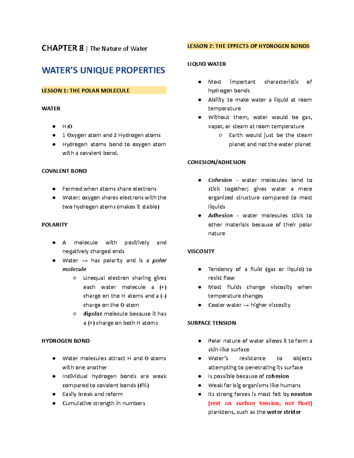 BIO 35 Unit 3 Lesson 8 - CHAPTER 8 | The Nature of Water WATER’S UNIQUE ...