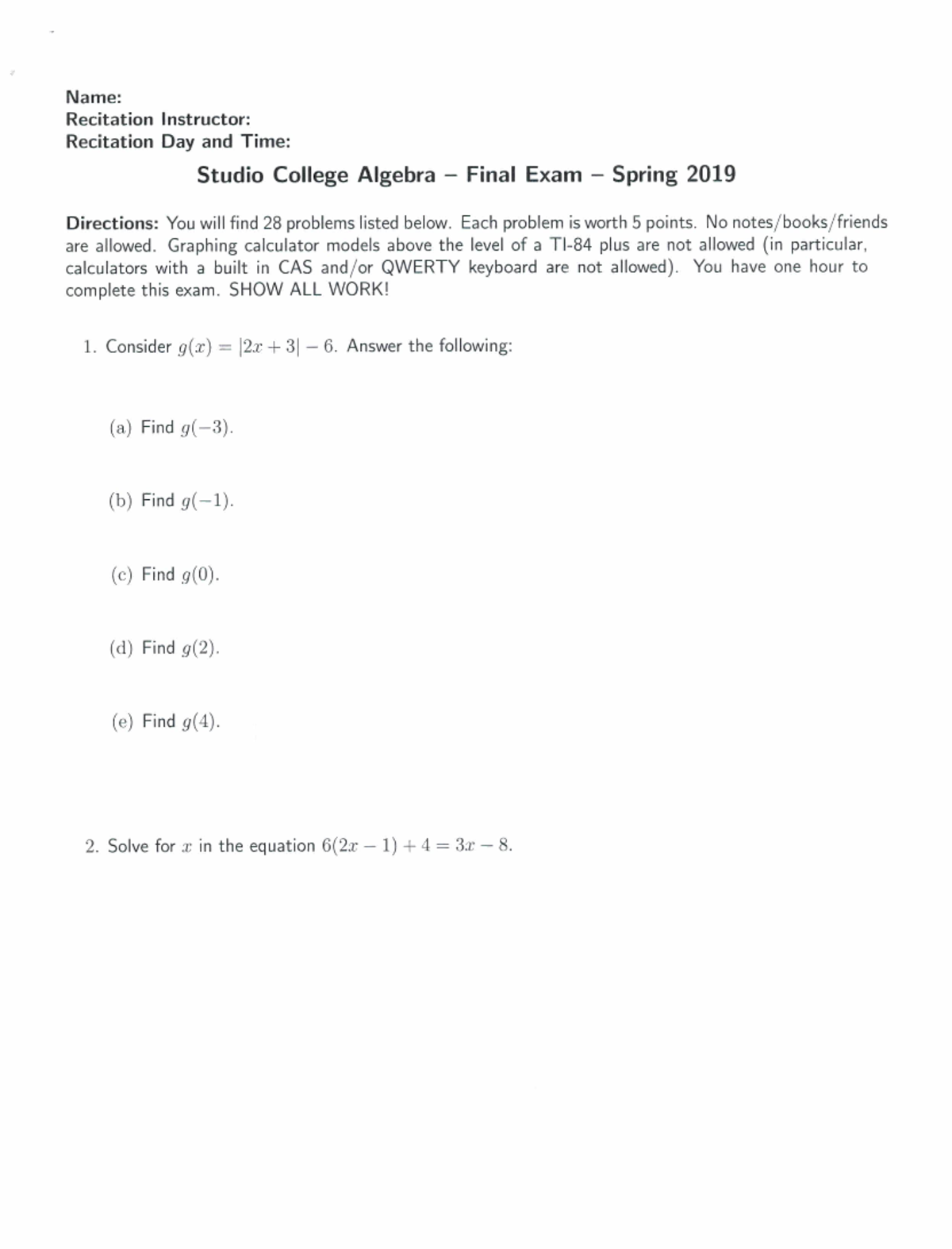 SCA-Final-Spring 2019 - Name: Recitation Instructor: Recitation Day and ...