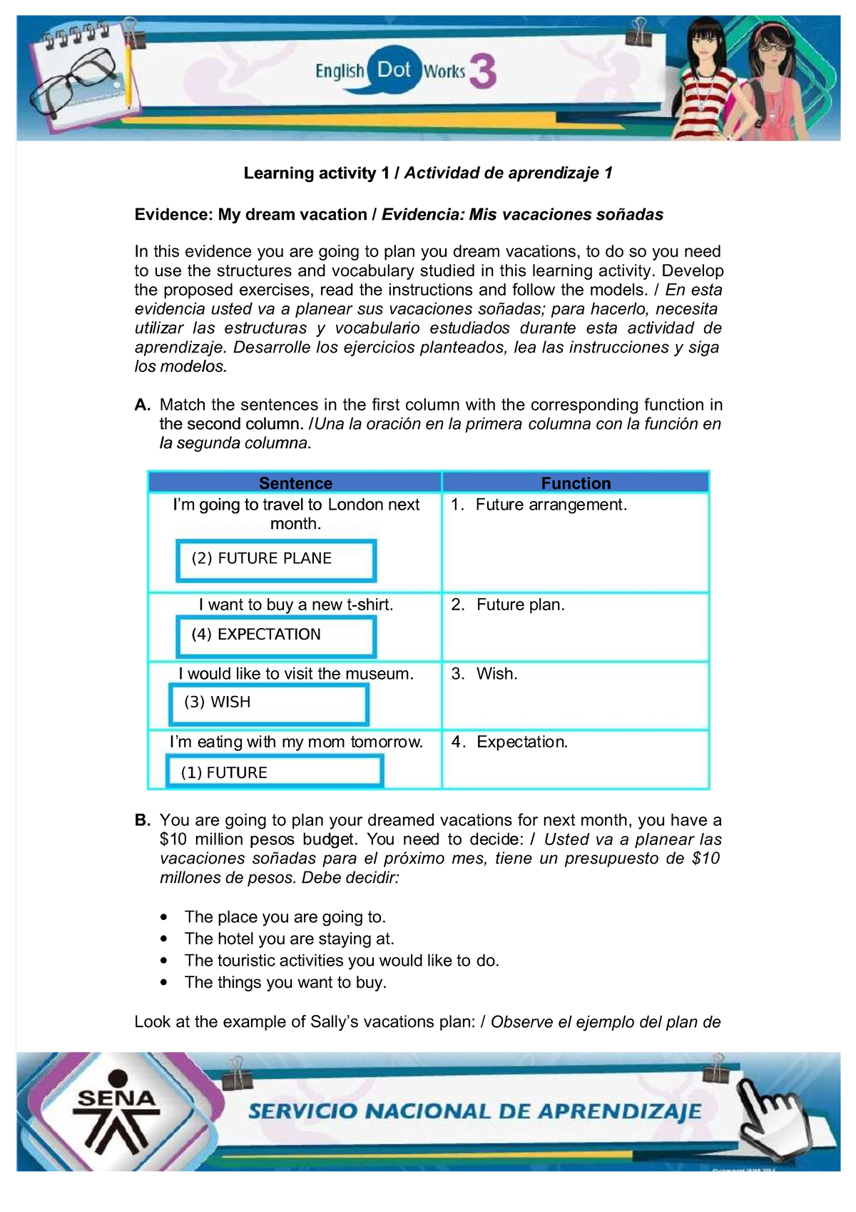 My dream vacation mis vacaciones - Learning activity 1 /Learning ...