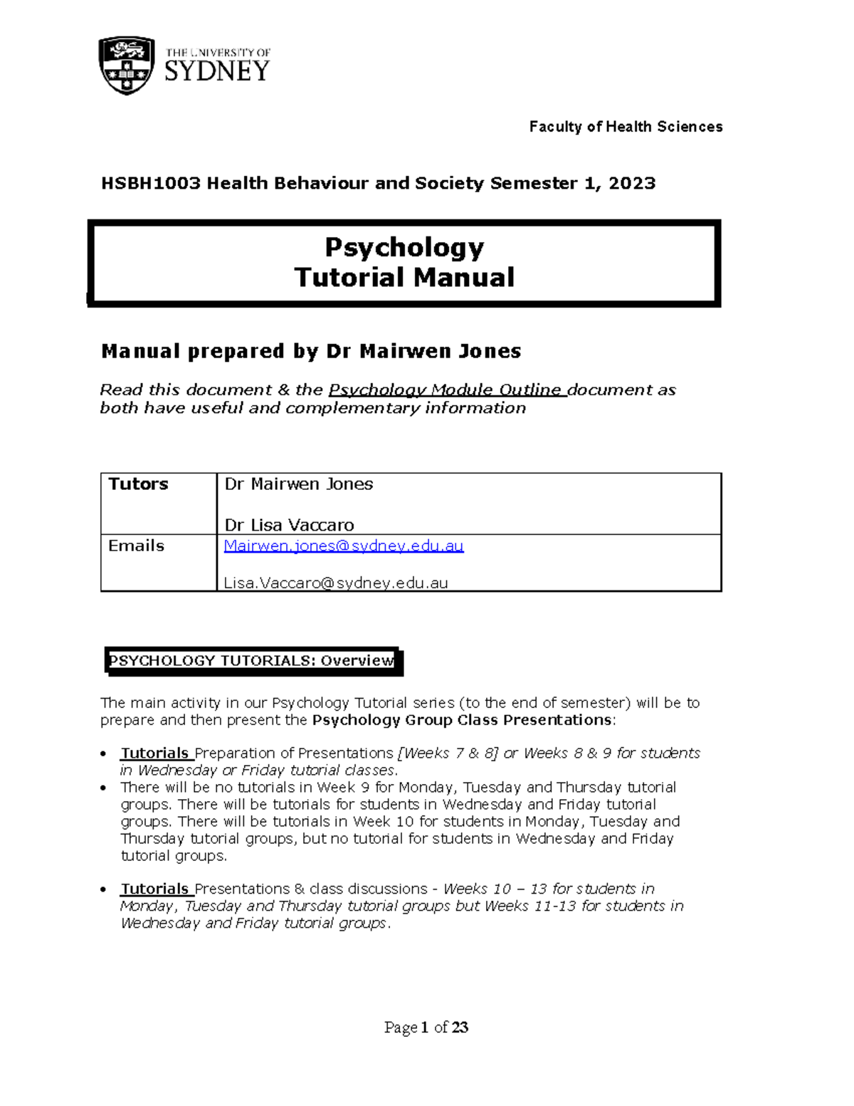 2023 HSBH1003 Updated Psychology Tutorial Manual-1 - Faculty of Health Sciences HSBH1003 Health ...