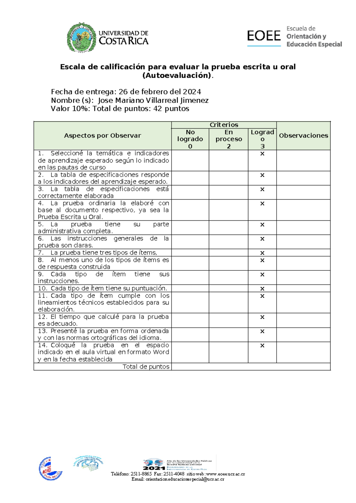 Instrumentos para Autoevaluación Prueba Oral o Escrita - Escala de ...