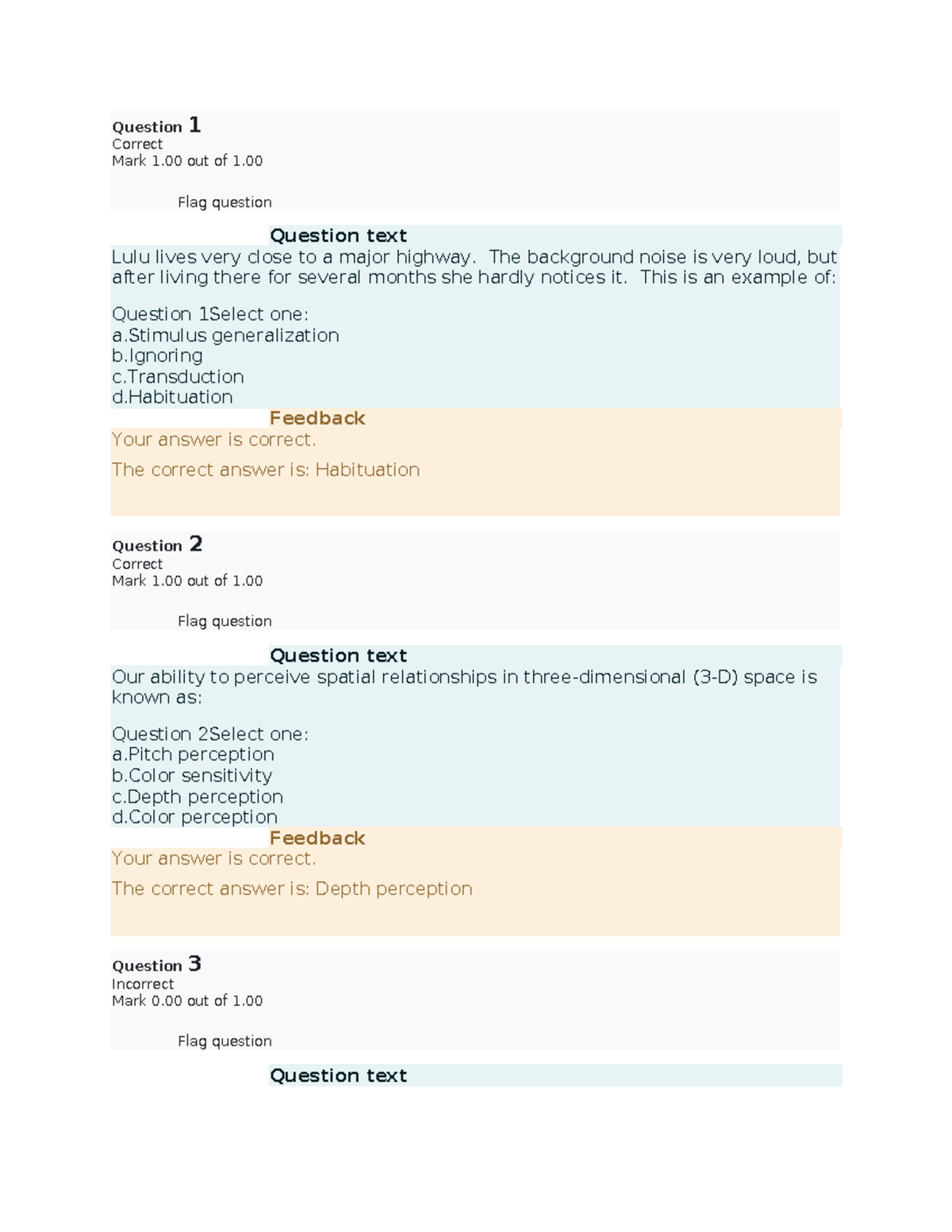 Self-Quiz Unit 3 - Self-Quiz Unit 3- Introduction to Psychology (PSYC 1504) - Question 1 Correct ...