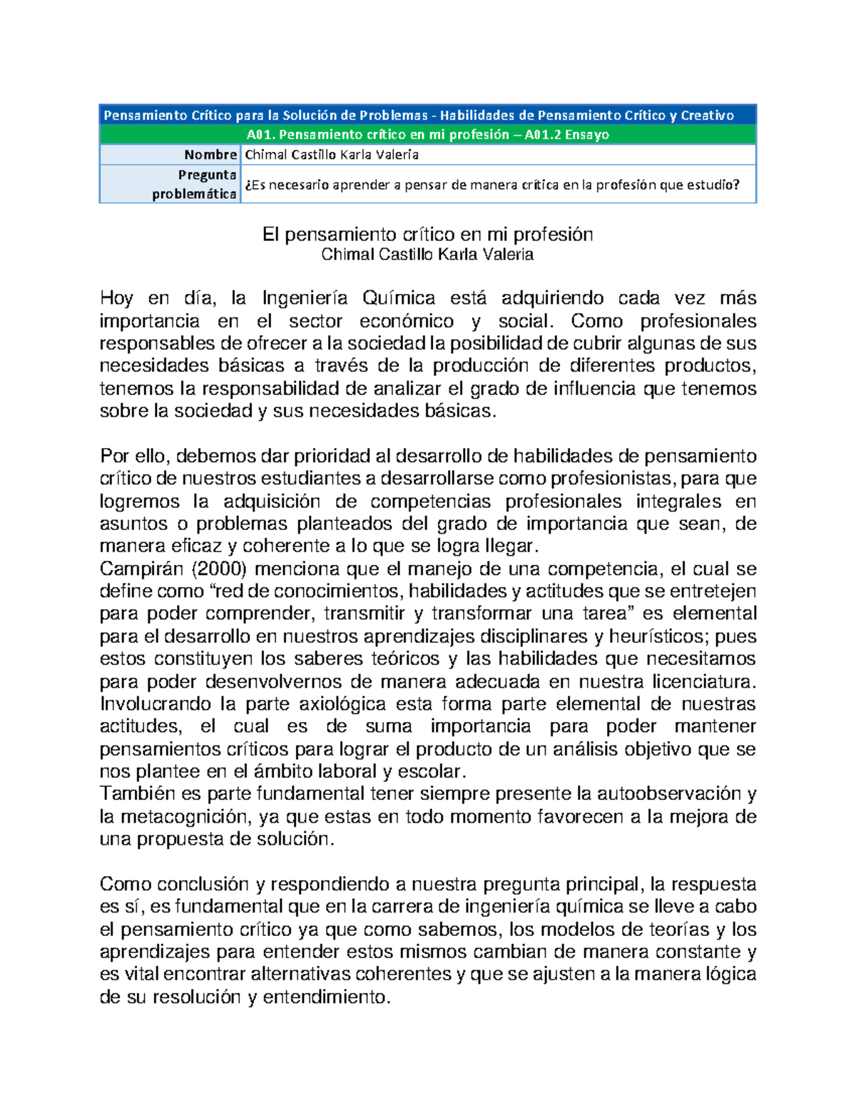 A01-2 ensayo v3.5 Chimal Karla - El pensamiento crítico en mi profesión Chimal Castillo Karla ...